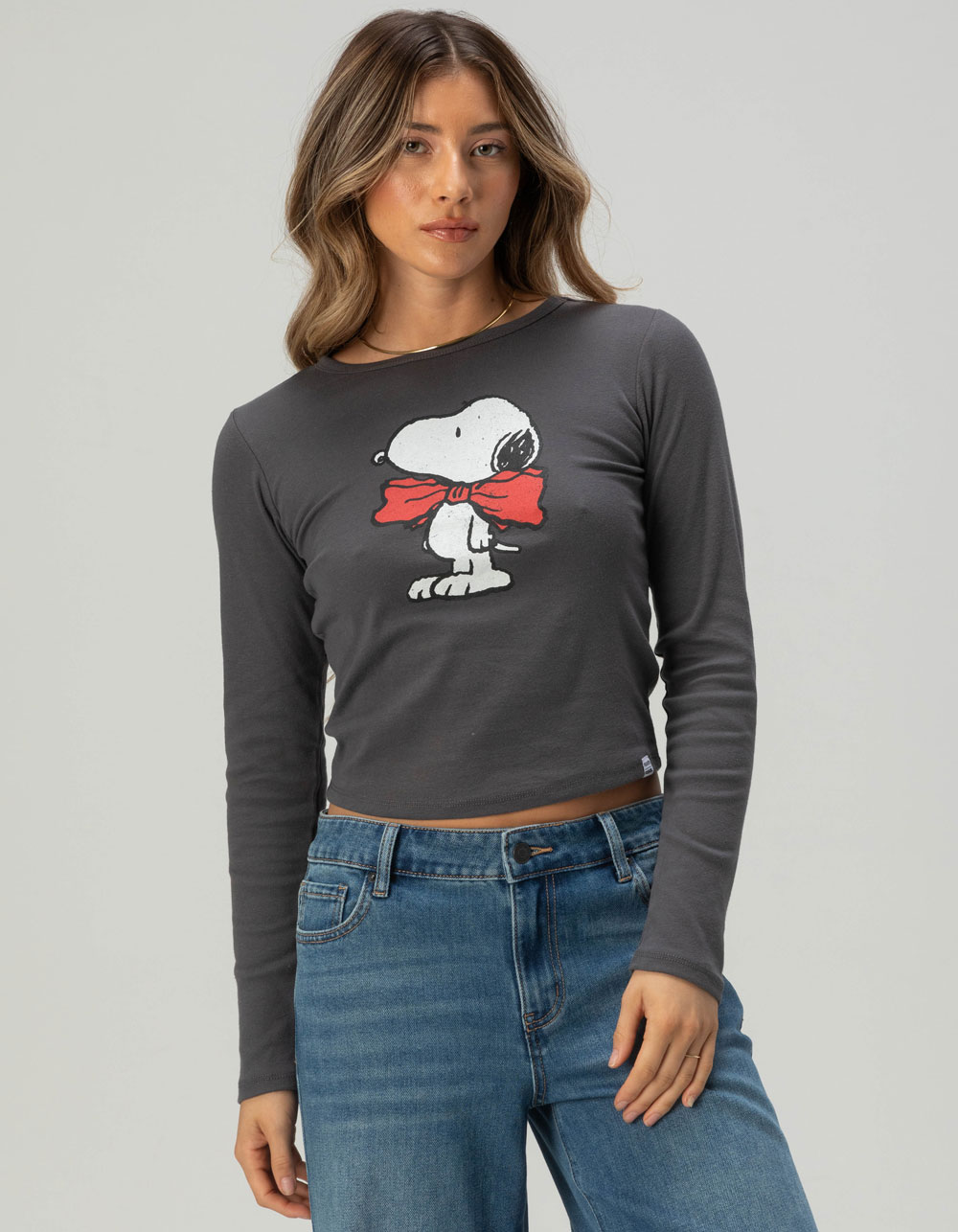 RSQ x Peanuts Snoopy Bow Womens Long Baby Sleeve Tee - GRAY | Tillys