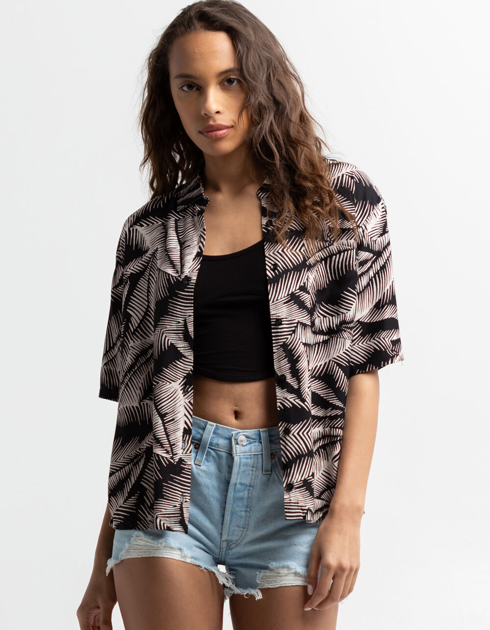 VOLCOM Stay Palm Womens Button Up Shirt - BLACK COMBO | Tillys