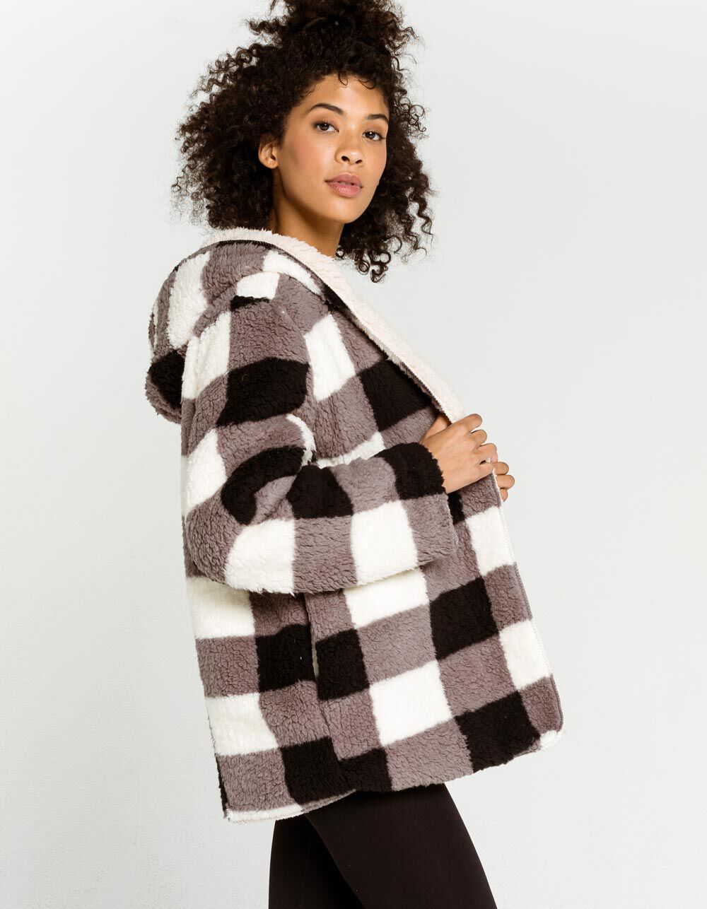 LOVE TREE Reversible Sherpa Womens Black & Ivory Hooded Jacket - BLACK ...