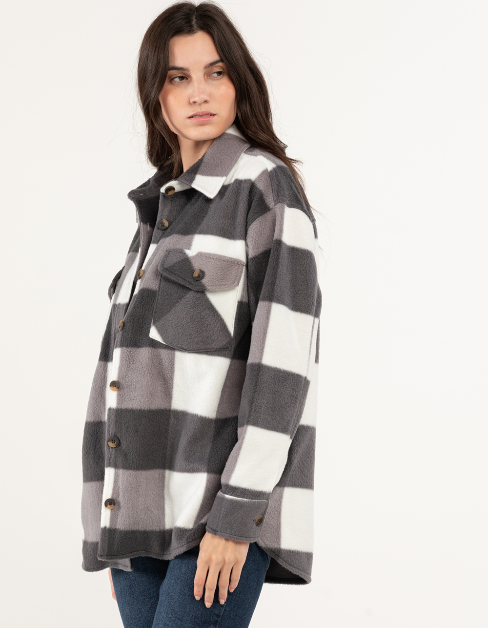 RSQ Buffalo Womens Fleece Shacket - BLK/WHT | Tillys