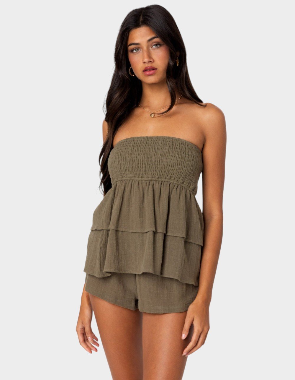 EDIKTED Harleigh Ruffled Linen Look Tube Top - DK GREEN | Tillys