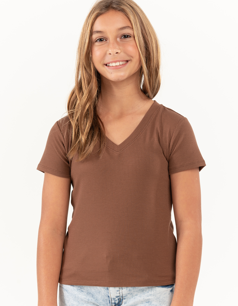 FULL TILT Essentials Girls V Neck Rib Tee - DARK BROWN | Tillys