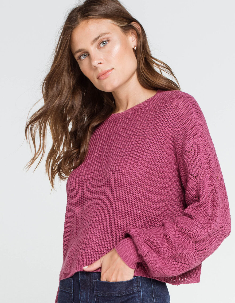 SKY AND SPARROW Knit Balloon Sleeve Womens Berry Sweater - BERRY | Tillys