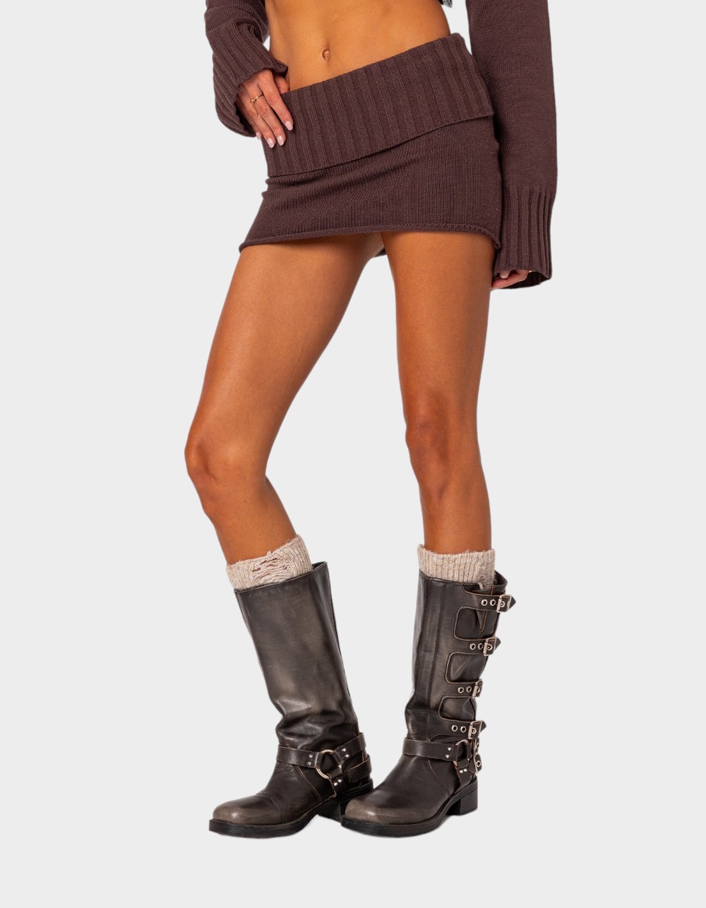 EDIKTED Gino Fold Over Knit Mini Skirt - BROWN | Tillys