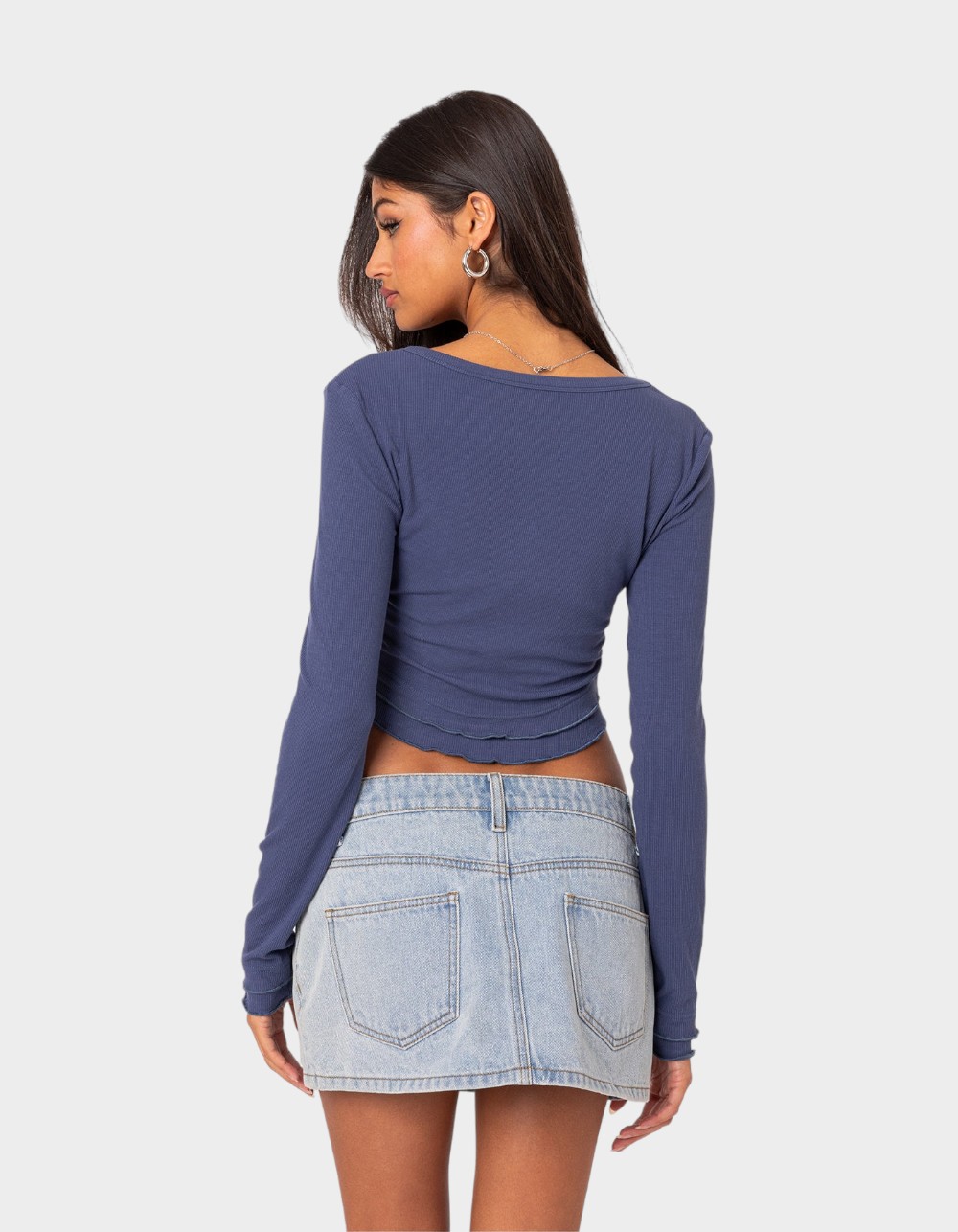 EDIKTED Yara Ribbed Ruffle Hem Top - BLUE | Tillys
