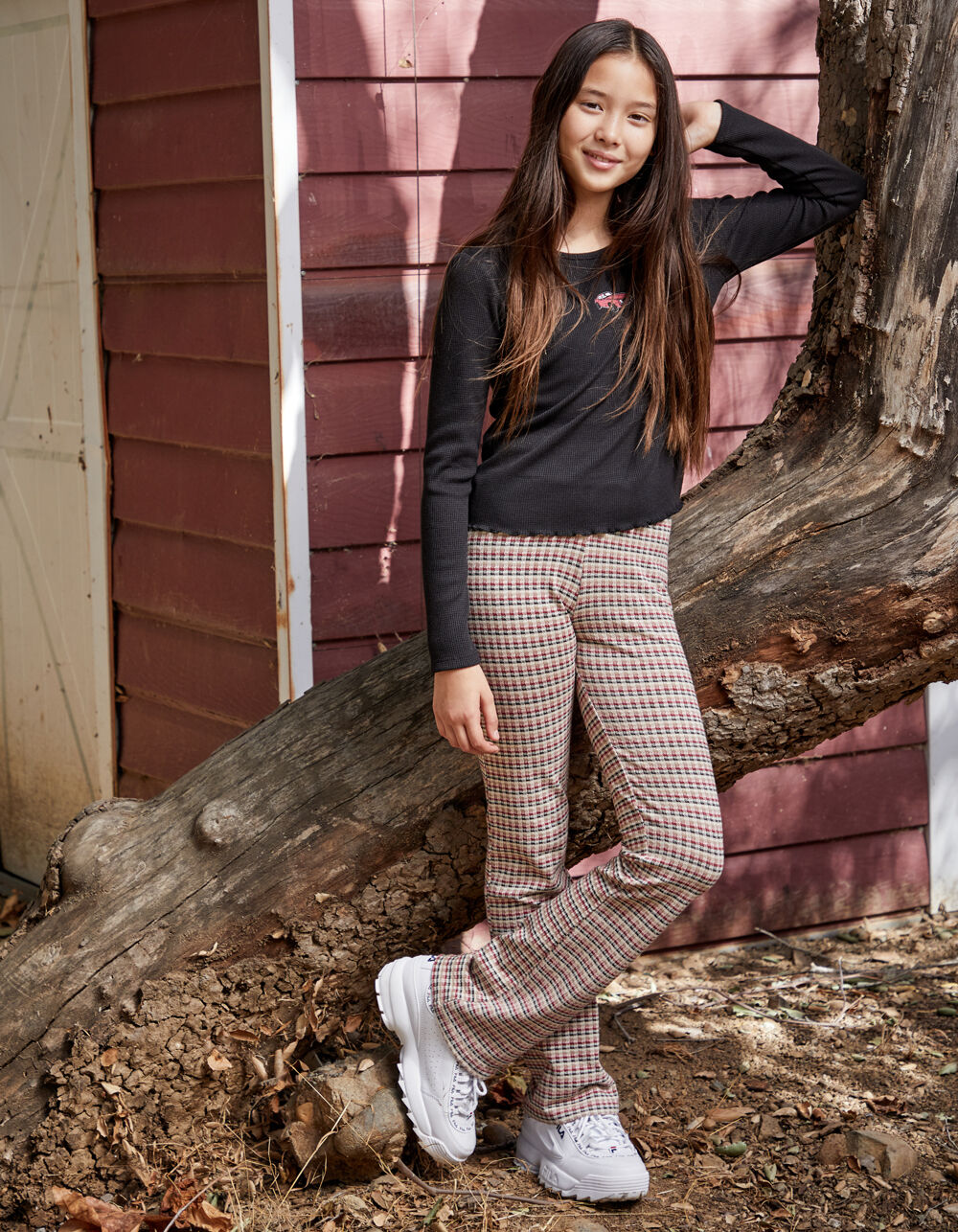WHITE FAWN Plaid Girls Flare Pants - BLACK/KHAKI | Tillys