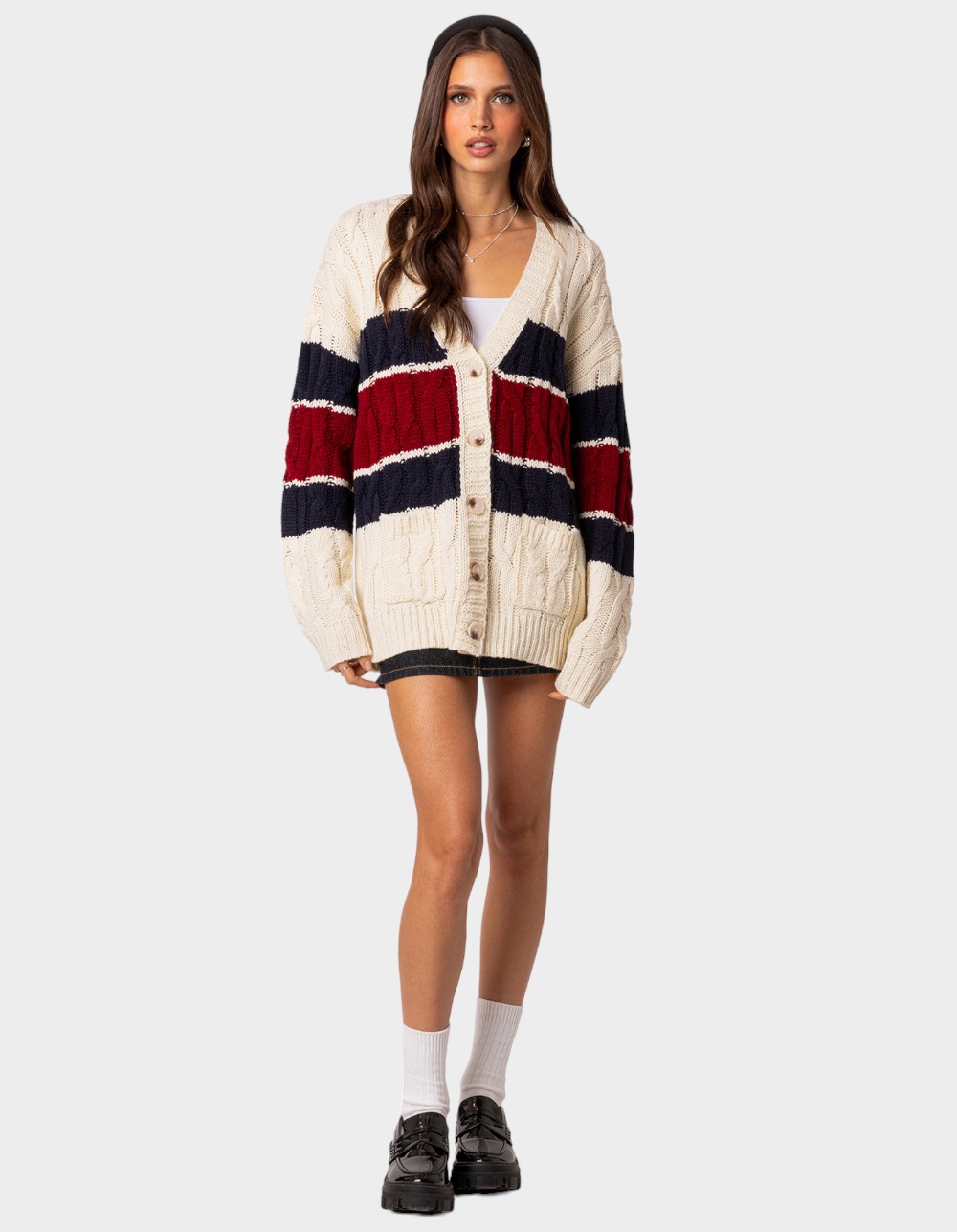 EDIKTED Tinsley Oversized Cable Knit Cardigan - BEIGE | Tillys