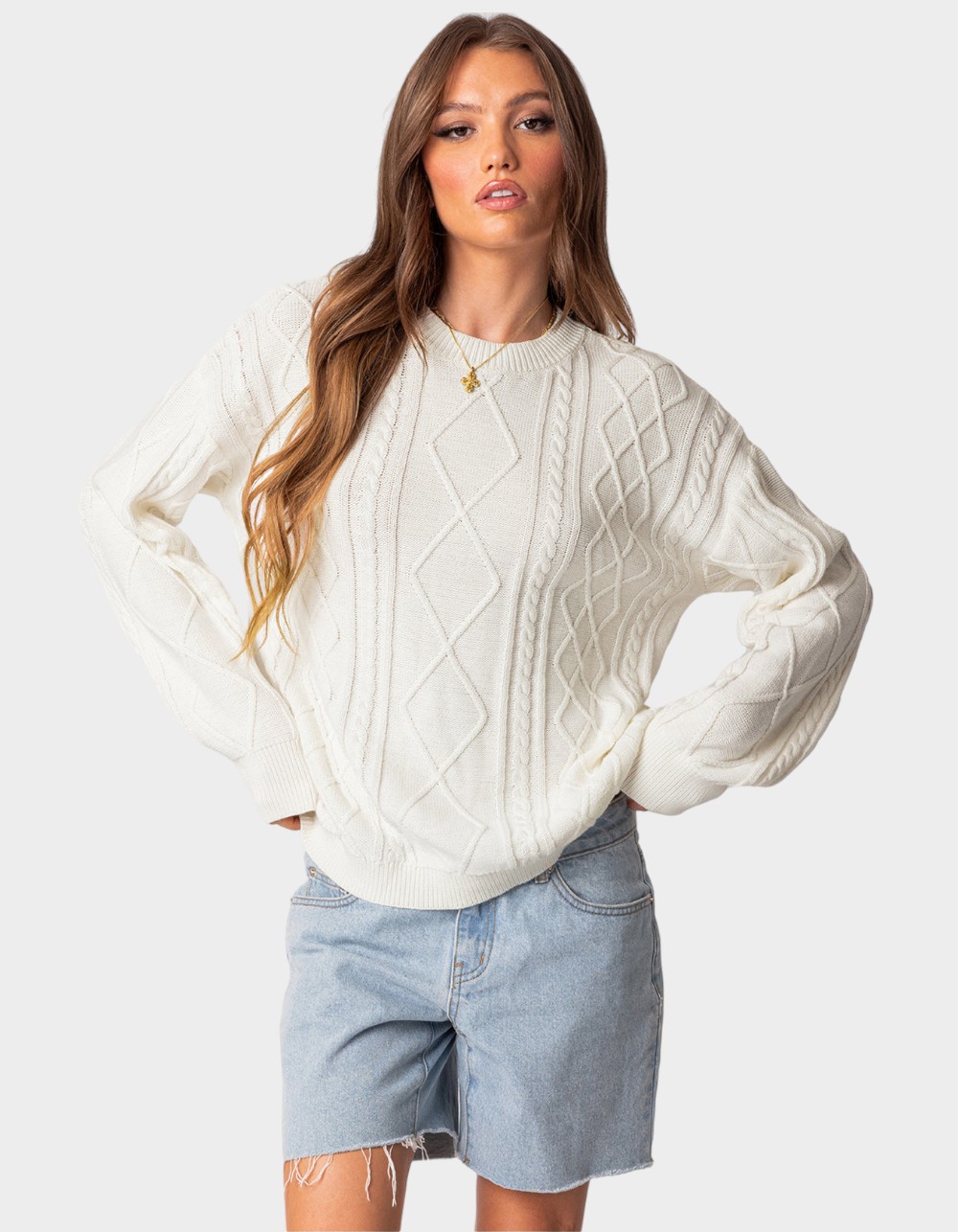 EDIKTED Jessy Cable Knit Oversized Sweater - BEIGE | Tillys