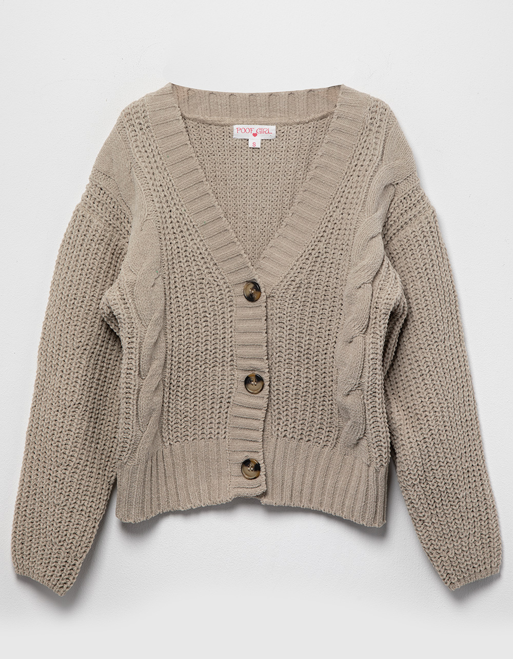 POOF Cable Knit Button Girls Cardigan - STONE | Tillys