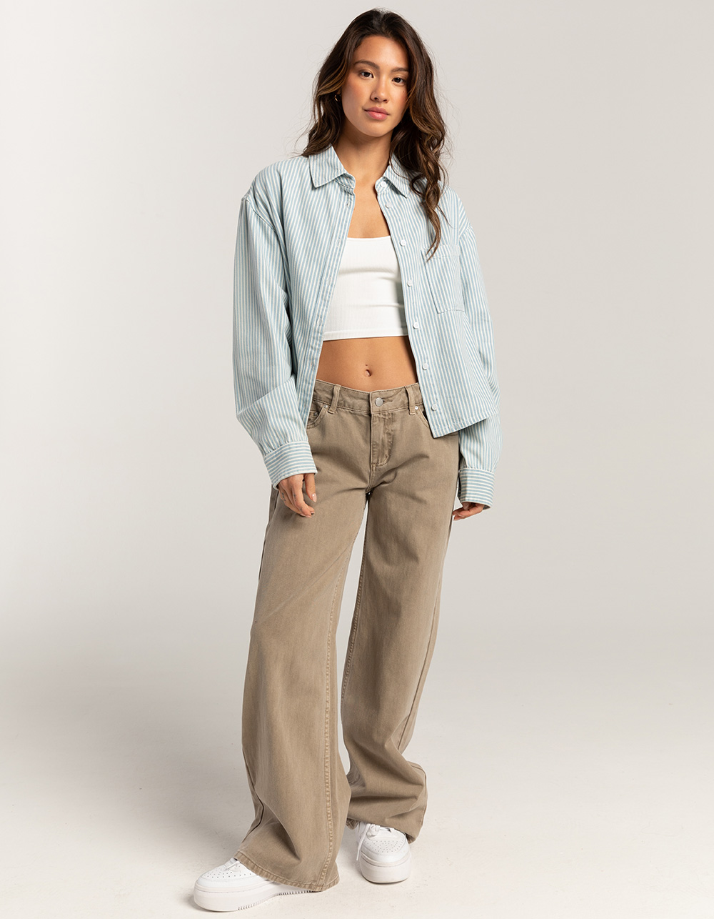RSQ Womens Denim Stripe Crop Shirt - WHT/BLUE | Tillys