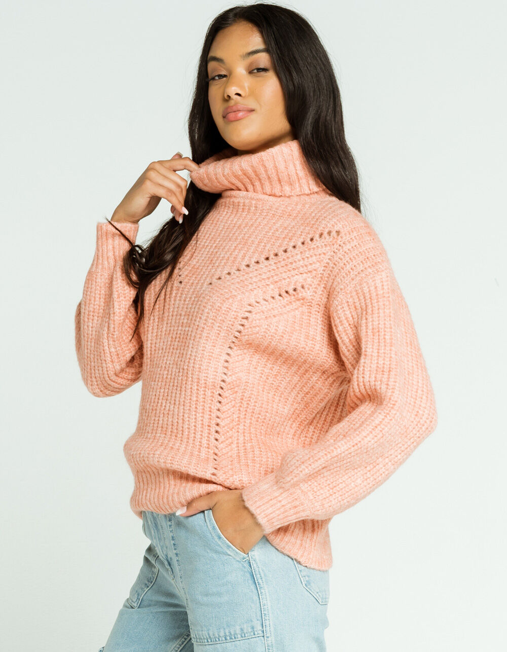 LUMIERE Transfer Stitch Turtleneck Womens Coral Sweater - CORAL | Tillys