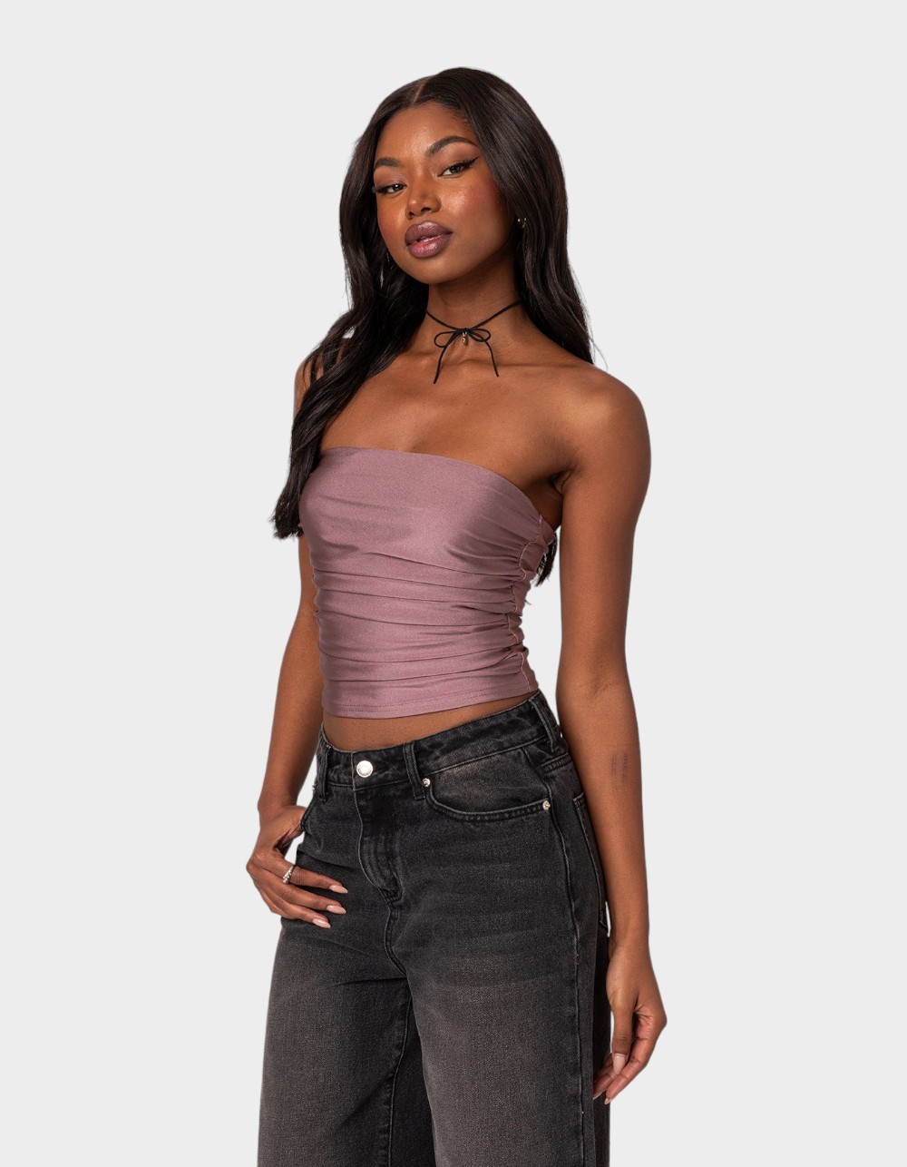 EDIKTED Maxeen Shiny Gathered Tube Top - PURPLE | Tillys