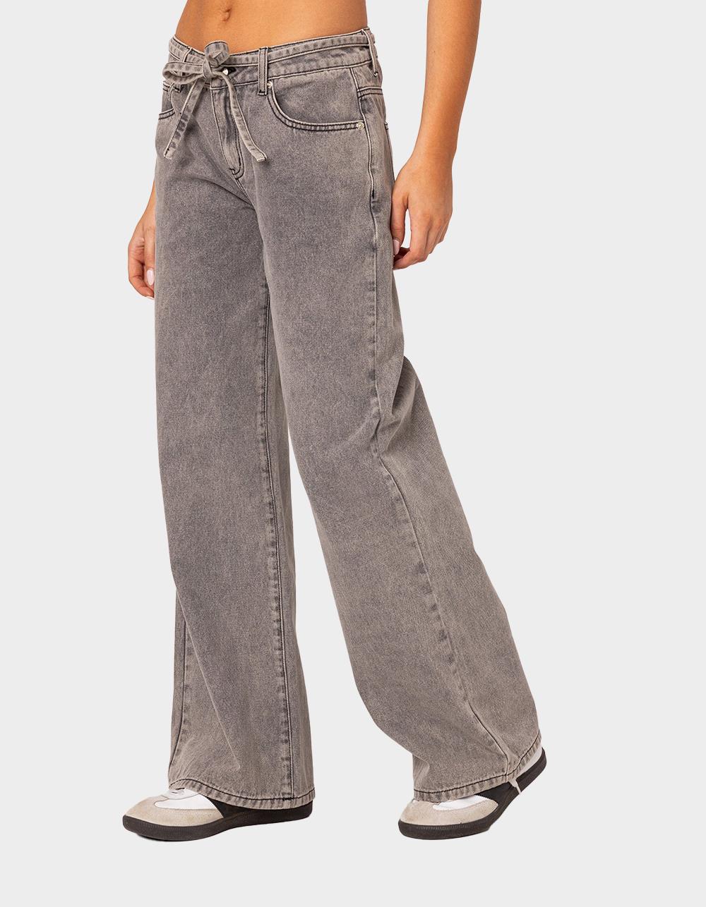 EDIKTED Tie Waist Washed Low Rise Jeans - LIGHT GRAY | Tillys