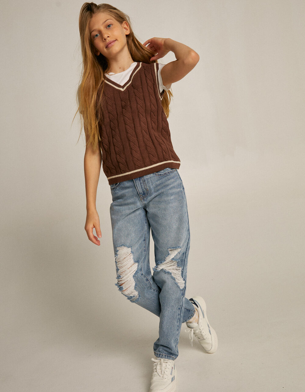 FULL TILT Girls SL Oversized Cable Vest - BROWN | Tillys