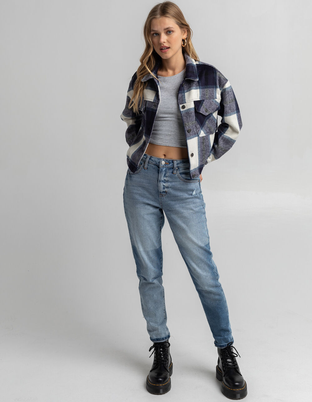 RSQ Wool Plaid Womens Crop Shacket - BLUE COMBO | Tillys
