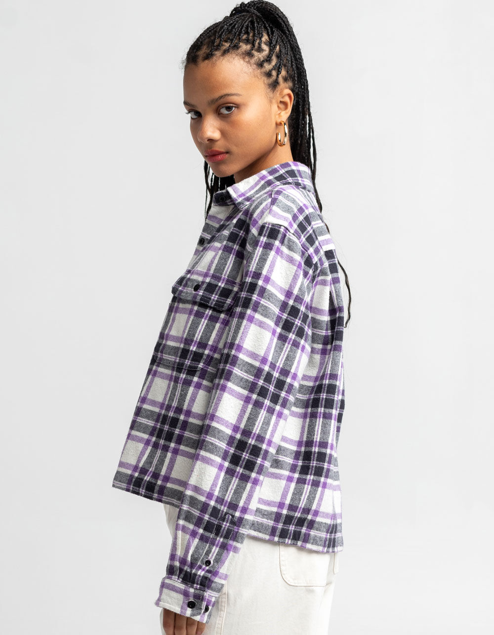 OBEY Camille Womens Crop Flannel Shirt - PURLE/WHITE/BLACK | Tillys