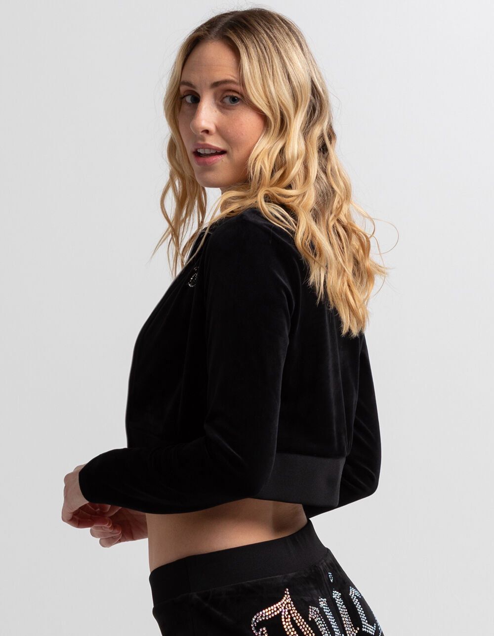 JUICY COUTURE Bling Womens Velour Cropped Track Jacket - BLACK | Tillys