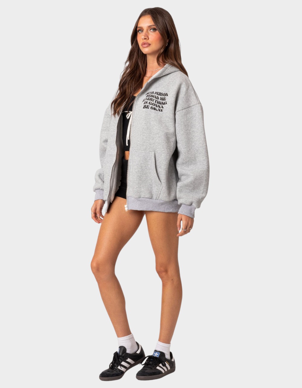 EDIKTED Everything's Ok Zip Up Oversized Hoodie - GRAY | Tillys
