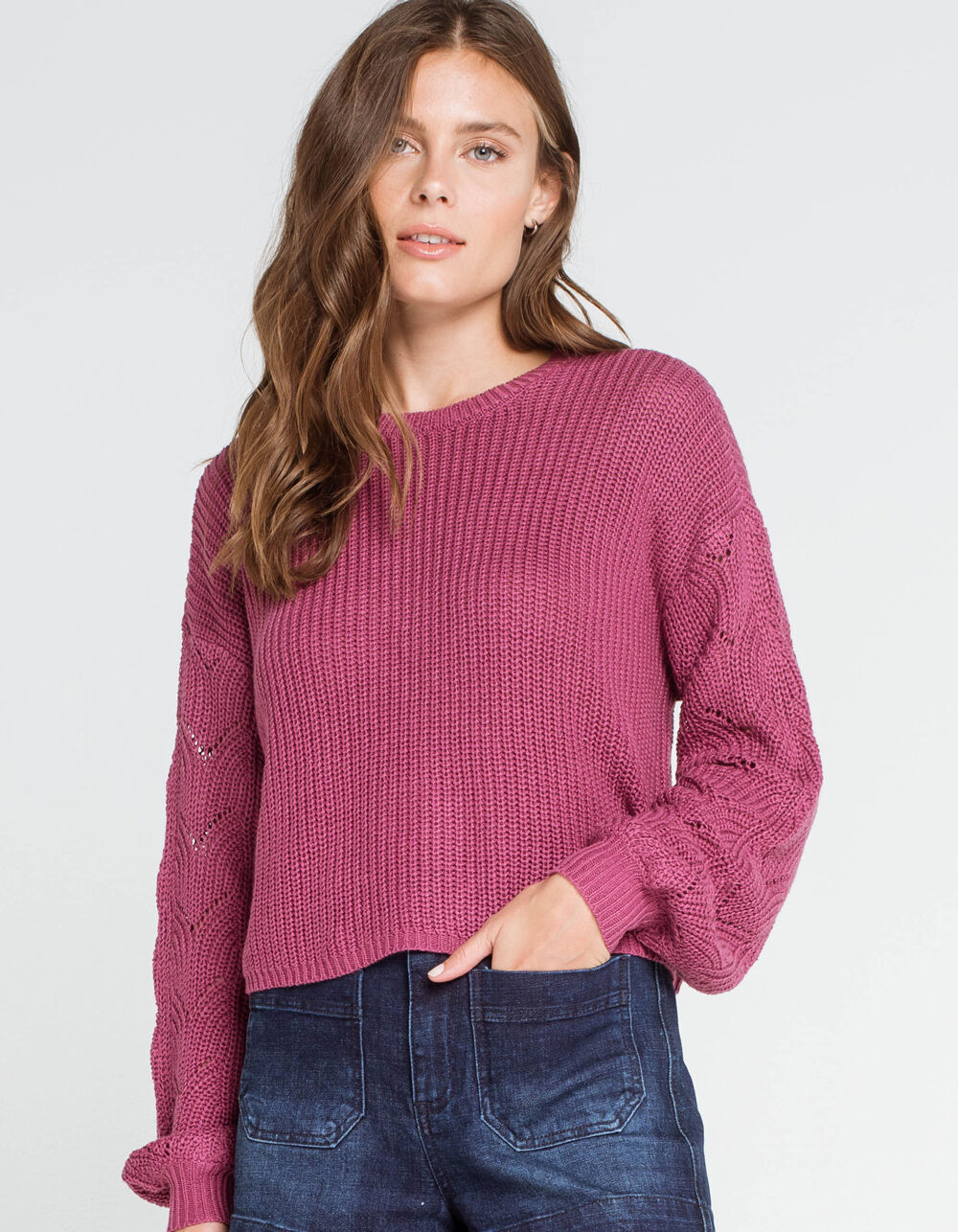 SKY AND SPARROW Knit Balloon Sleeve Womens Berry Sweater - BERRY | Tillys