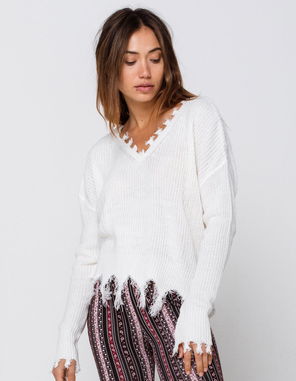 FULL TILT Destroyed Raw Hem Cream Womens V Neck Sweater - CREAM | Tillys