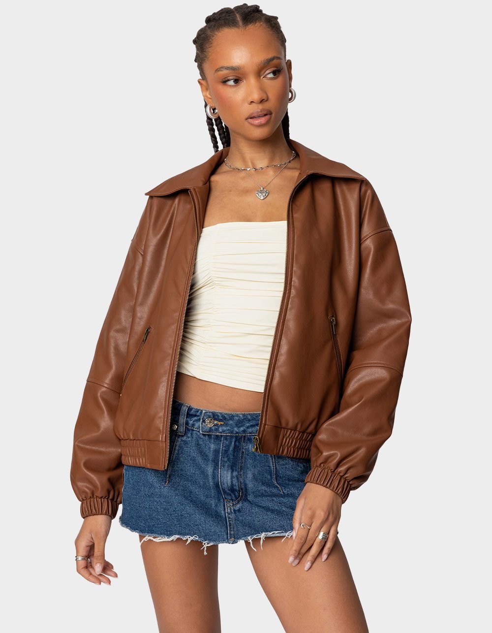 EDIKTED Halley Faux Leather Bomber Jacket - BROWN | Tillys