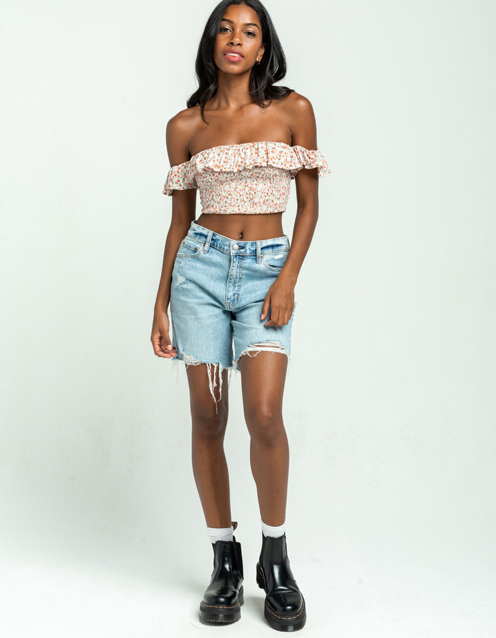 SKY AND SPARROW Off The Shoulder Multi Smock Crop Top - MULTI | Tillys
