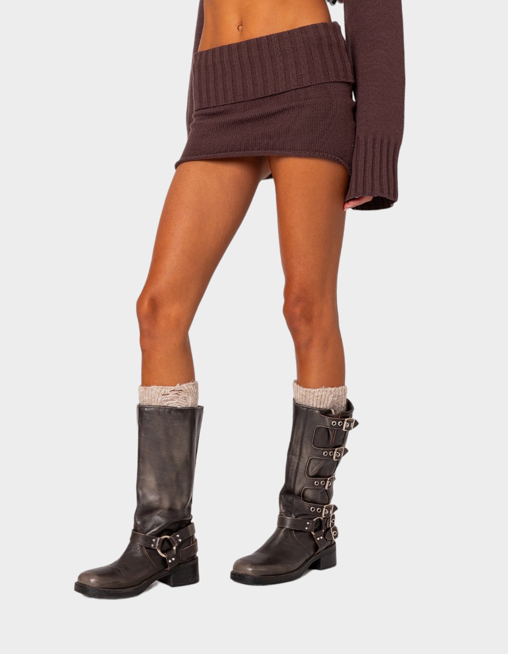 EDIKTED Gino Fold Over Knit Mini Skirt - BROWN | Tillys