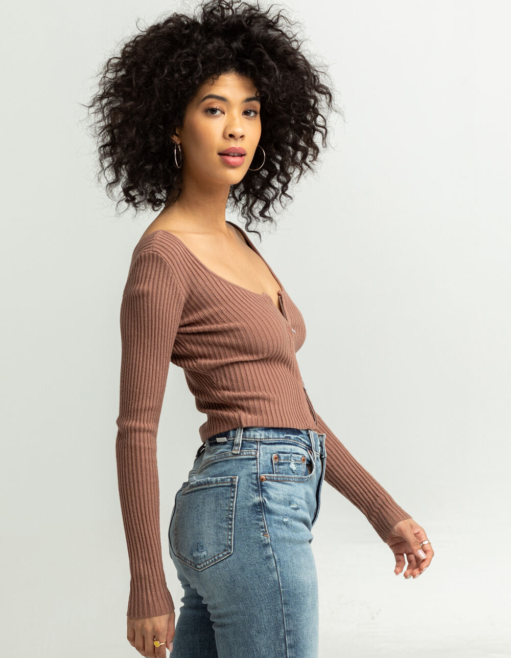FULL TILT Scoop Zip Up Womens Sweater - BROWN | Tillys