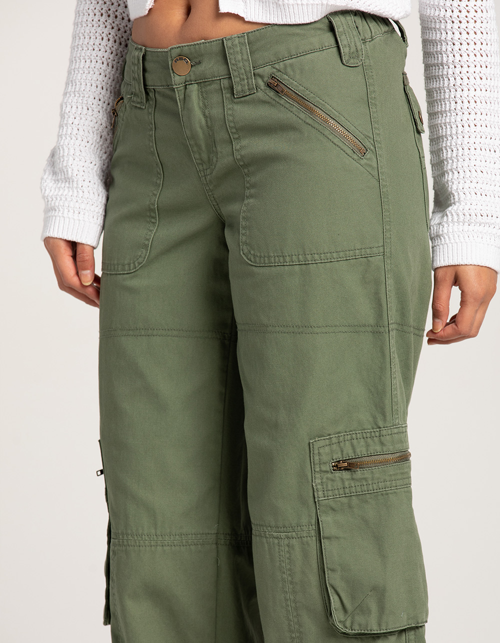RSQ Womens Low Rise Overdye Cargo Zipper Pants - OLIVE | Tillys