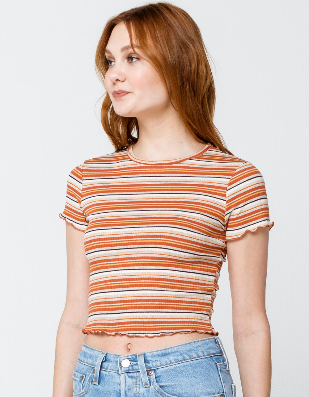 SKY AND SPARROW Stripe Womens Rust Baby Tee - RUST | Tillys