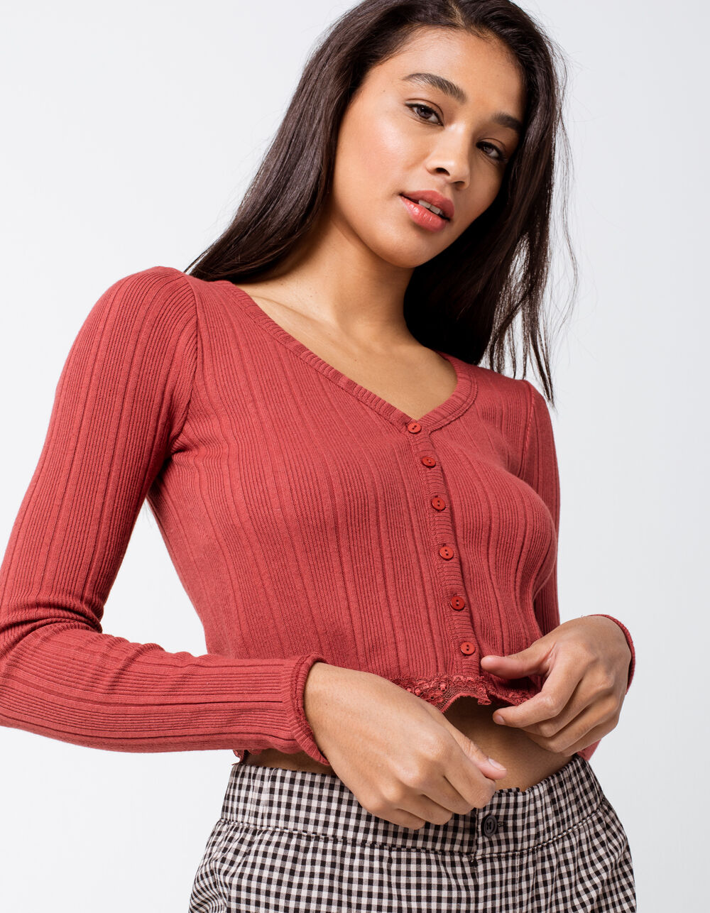 SKY AND SPARROW Lace Trim Button Front Rust Womens Knit Top - RUST | Tillys