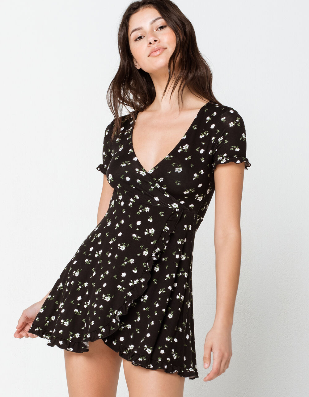 IVY & MAIN Ditsy Ruffle Wrap Dress - BLACK COMBO | Tillys