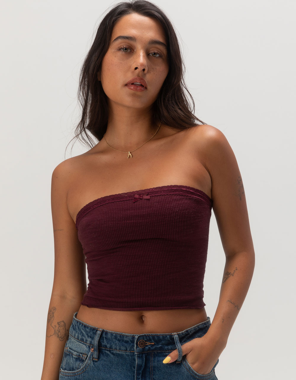 RSQ Womens Lace Trim Tube Top - BURGUNDY | Tillys