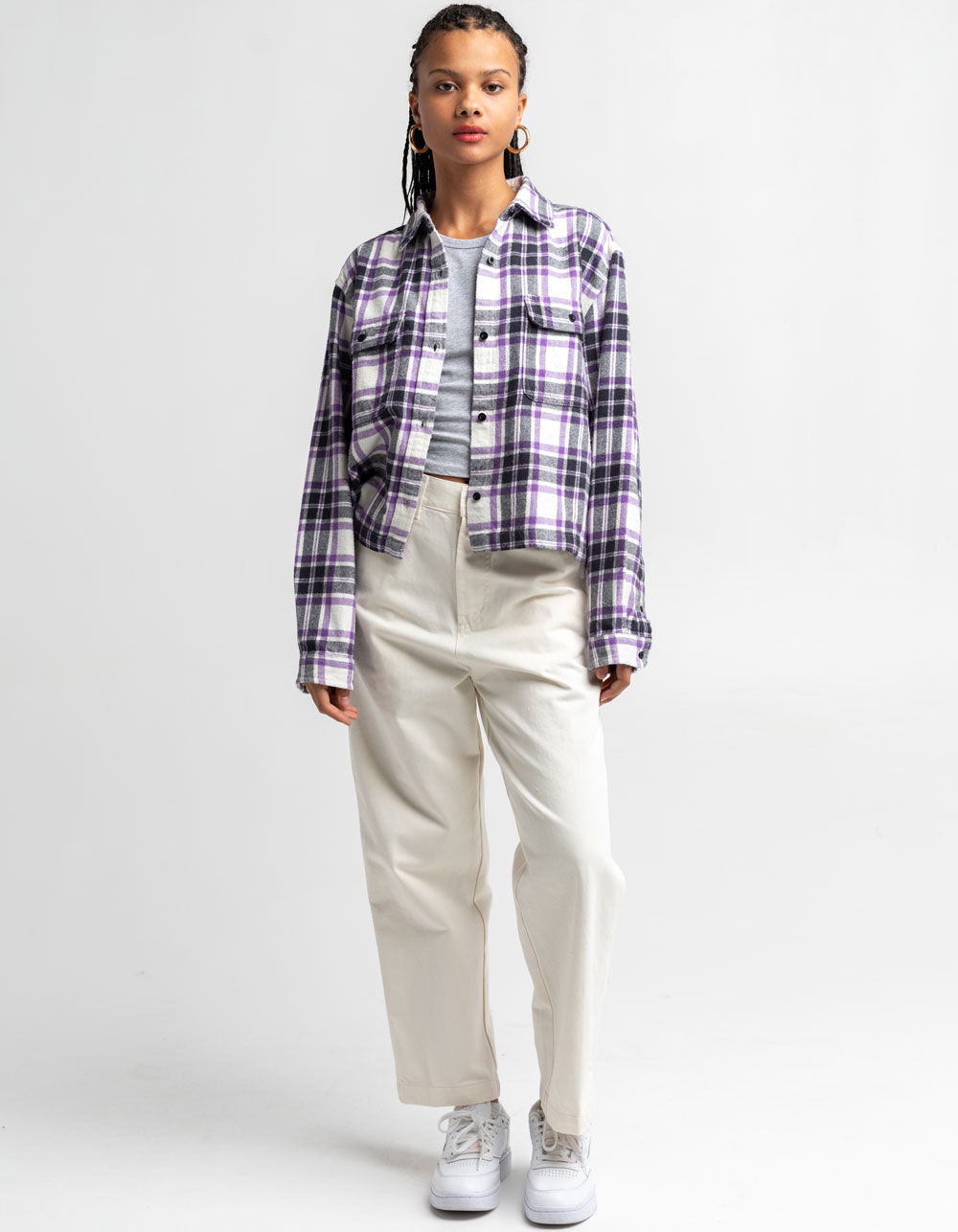 OBEY Camille Womens Crop Flannel Shirt - PURLE/WHITE/BLACK | Tillys
