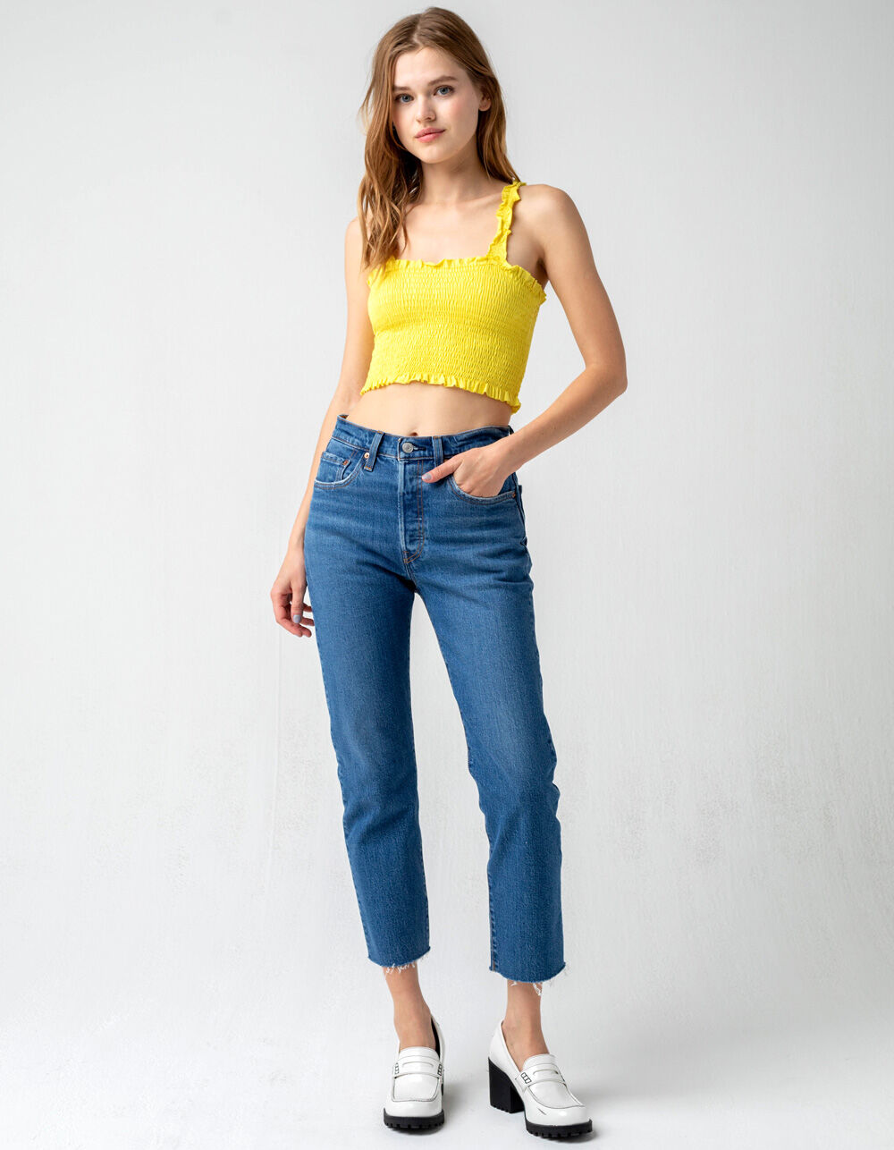 SKY AND SPARROW Solid Ruffle Strap Smocked Womens Yellow Top - YELLO ...