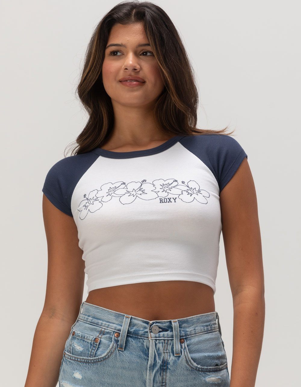 ROXY Team Aloha Womens Crop Raglan Tee - NAVY/WHITE | Tillys