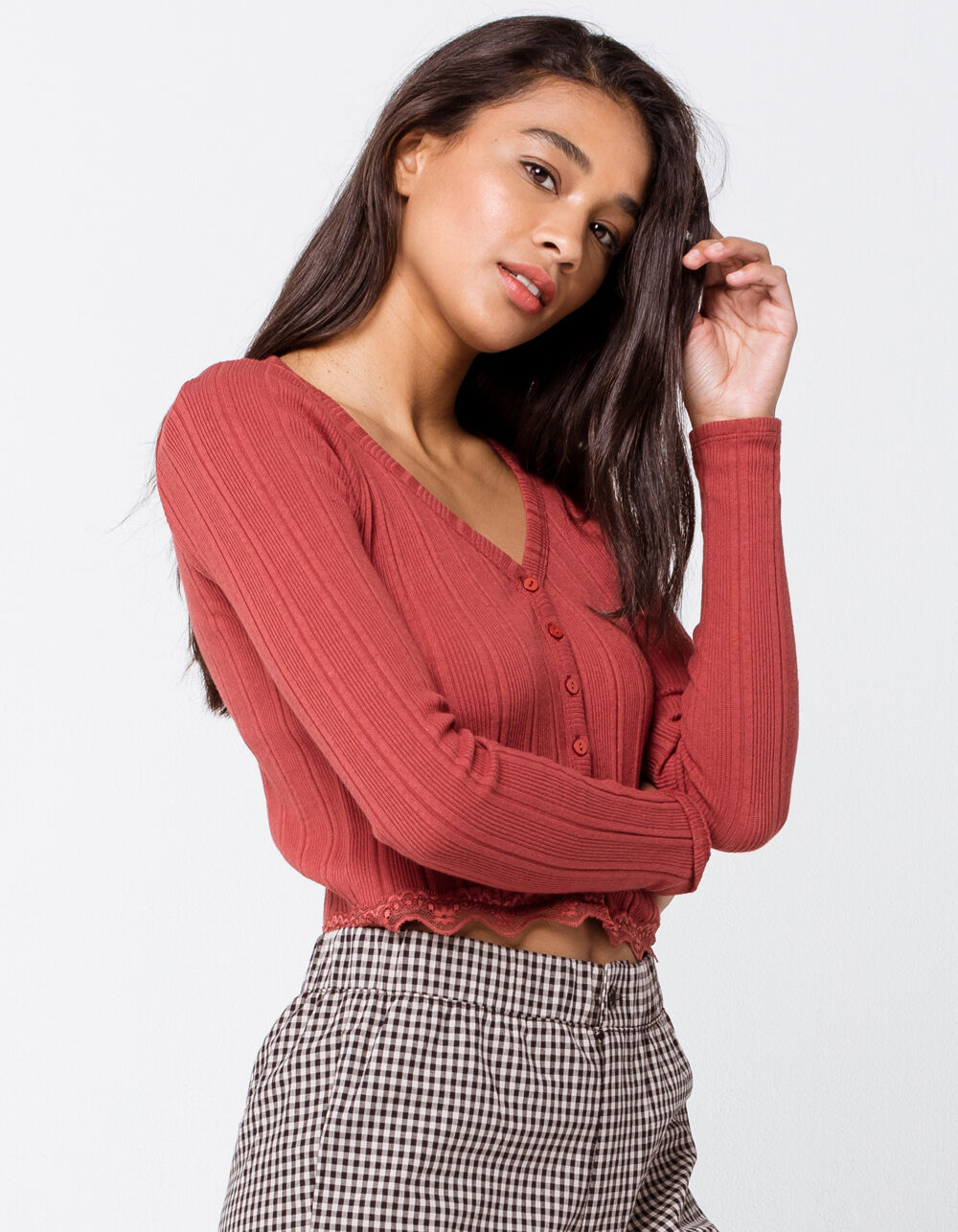 SKY AND SPARROW Lace Trim Button Front Rust Womens Knit Top - RUST | Tillys