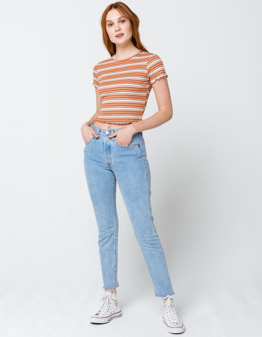 SKY AND SPARROW Stripe Womens Rust Baby Tee - RUST | Tillys
