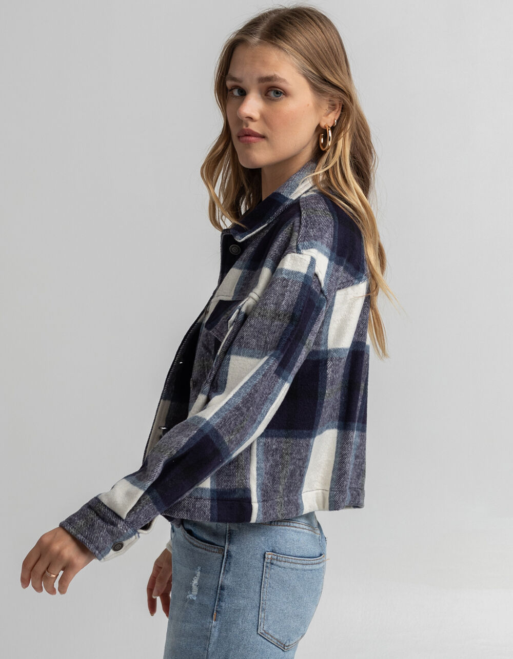 RSQ Wool Plaid Womens Crop Shacket - BLUE COMBO | Tillys