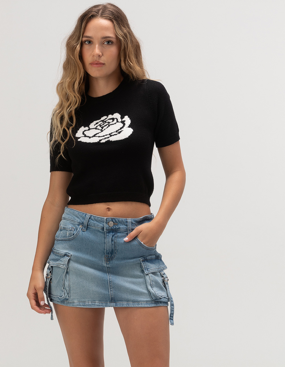 RSQ Womens Mid Rise Cargo Tab Denim Mini Skirt - MEDIUM WASH | Tillys