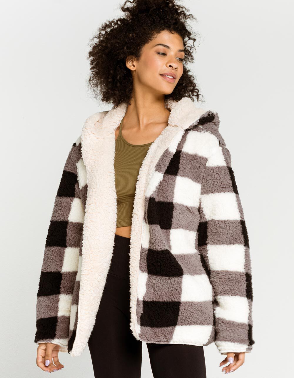 LOVE TREE Reversible Sherpa Womens Black & Ivory Hooded Jacket - BLACK ...