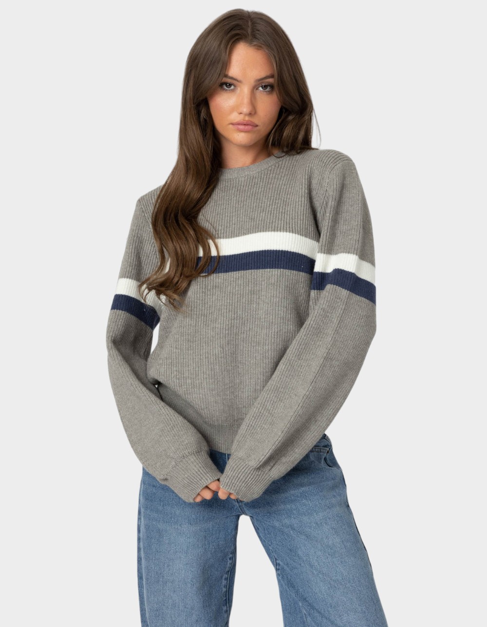EDIKTED Nautical Striped Oversized Sweater - GRAY | Tillys