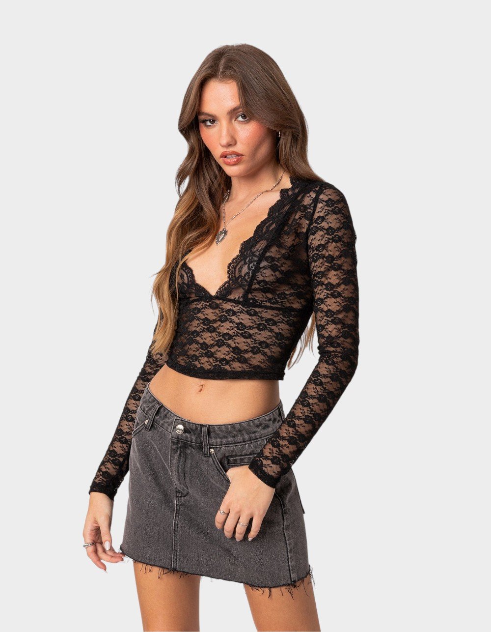 EDIKTED Beck Plunge Neck Sheer Lace Top - BLACK | Tillys