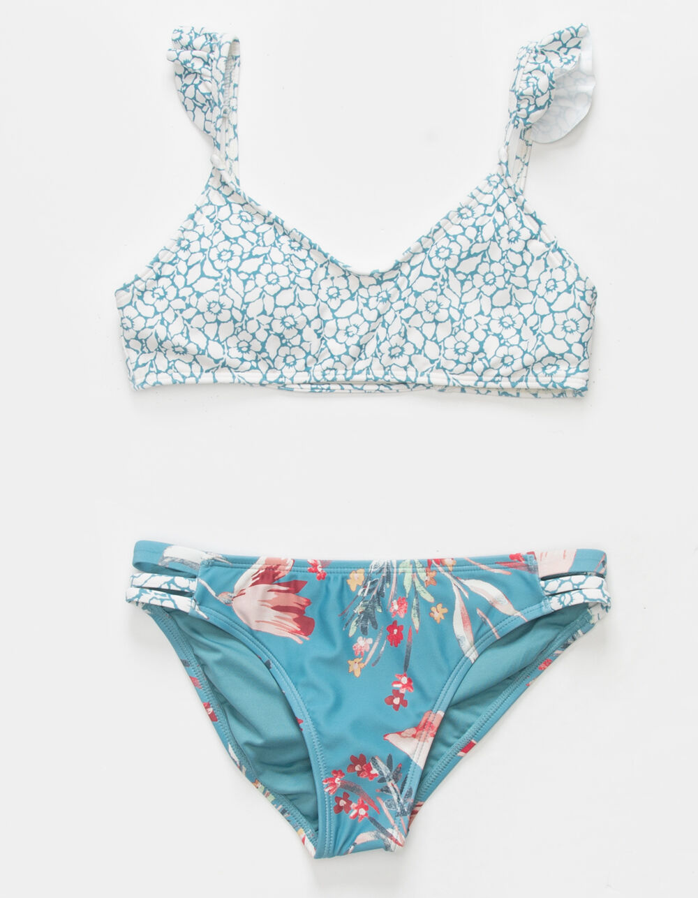 O Neill Floral Ruffle Girls Bralette Bikini Set Blue White Tillys